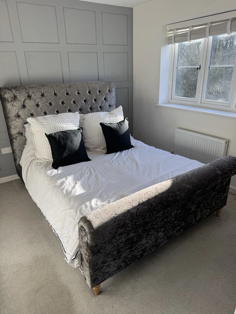 NEXT CHESTERFIELD SLEIGH King Size Bed, Crushed Velvet Velour Grey, RRP ...