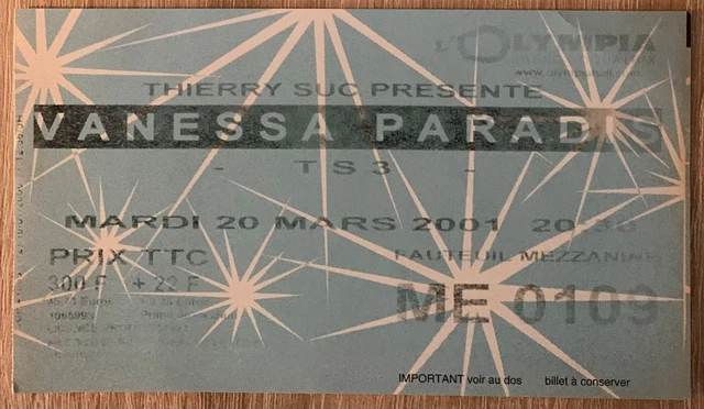 VANESSA PARADIS - Ticket concert n° ME 0109 - Olympia Paris - Mardi 20 ...