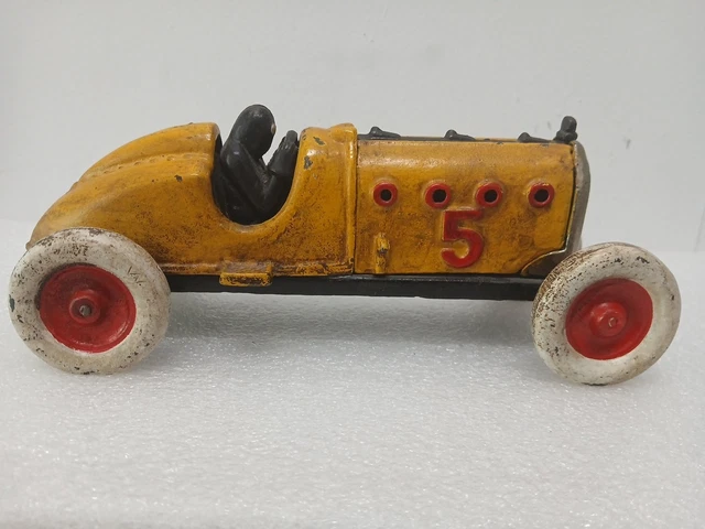 HUBLEY CAST IRON No. 5 Boat Tail Race Car Yellow Red Hood Open 9" Hot ...