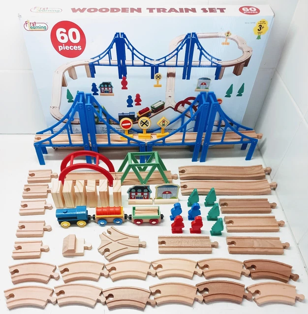 WOODEN TRAIN SET 60pc Kids Railway Track Playset Fun Activity Play Toy ...