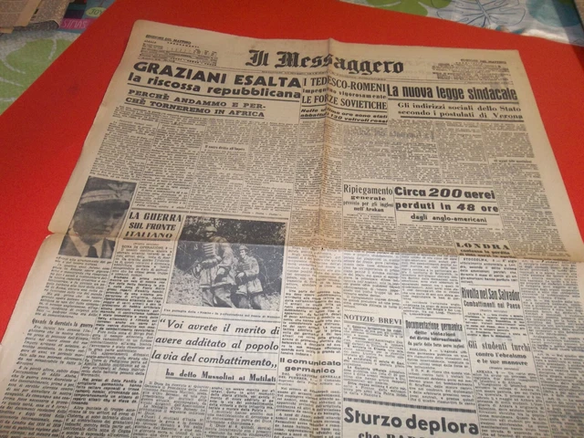 WW2 IL Messaggero 10-5-1944 Rsi Rodolfo Graziani Paracadutisti Nembo ...