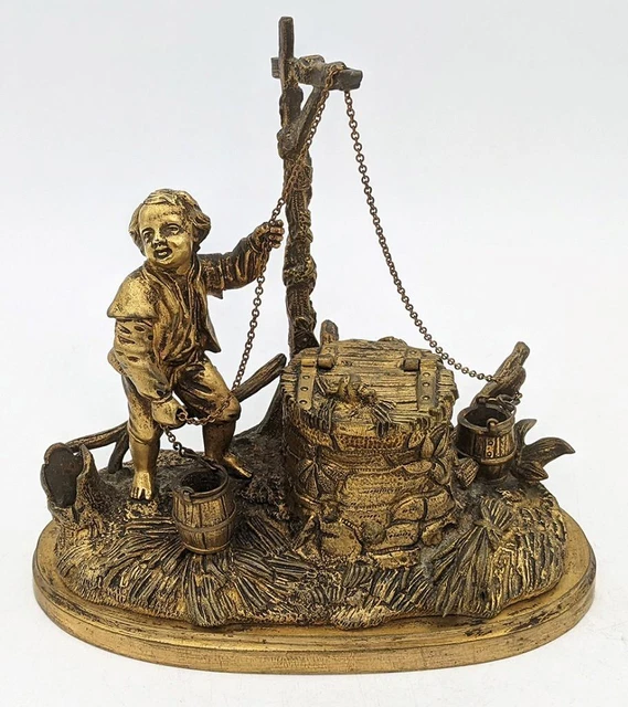 FRENCH ANTIQUE GILT Bronze Inkwell Young Boy At Well 19Th Century £275. ...