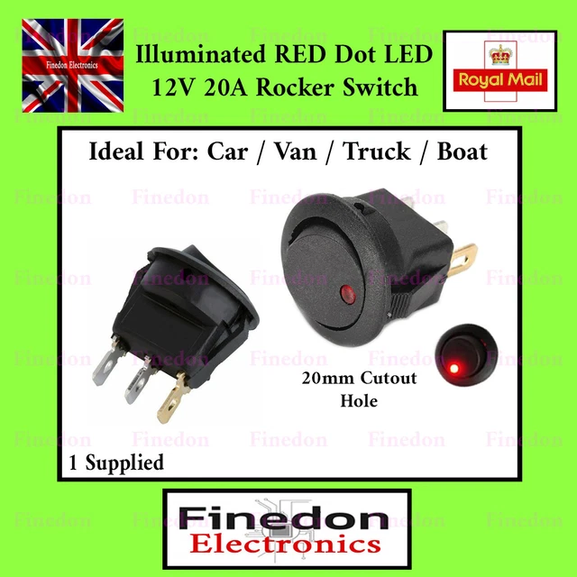 12V 20A ROUND Rocker Switch RED Dot illuminated Black Car Van Dash Boat ...