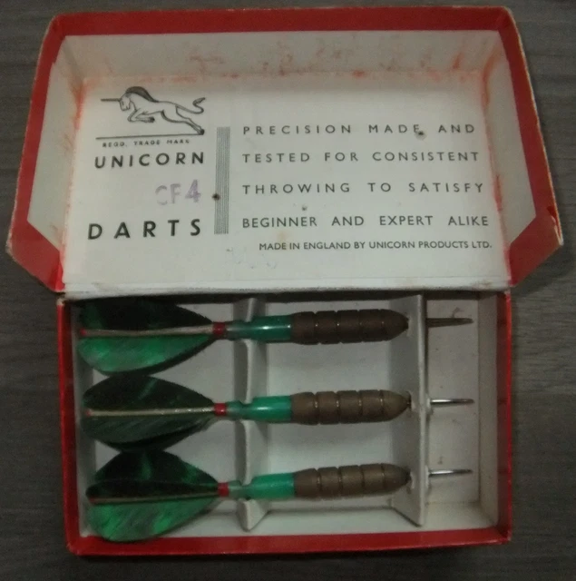 RARE, VINTAGE UNICORN Cf4 Darts Set In Branded Box, Brass/Wood/Plastic ...
