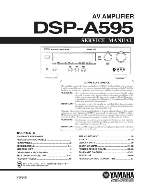 SERVICE MANUEL D'INSTRUCTIONS pour Yamaha DSP-A595 EUR 17,66 - PicClick FR
