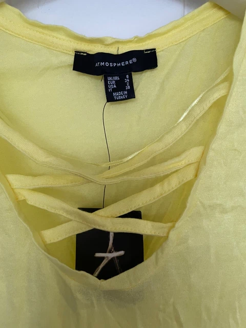 PRIMARK ATMOSPHERE LADIES yellow T-shirt with lace up detail, size 8UK ...