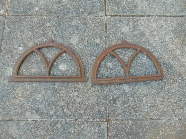 ANTIQUE CAST IRON RECLAIMED STAINED GLASS WINDOW FRAME PAIR ARCHED 19th ...
