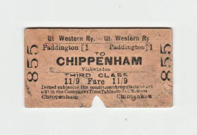 GREAT WESTERN RAILWAY Ticket Paddington to Chippenham 1936 £5.00 ...