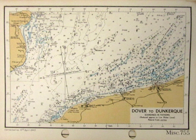 1943 WW2 D DAY Admiralty Map Chart DOVER AUTHIE DUNKERQUE Original ref ...