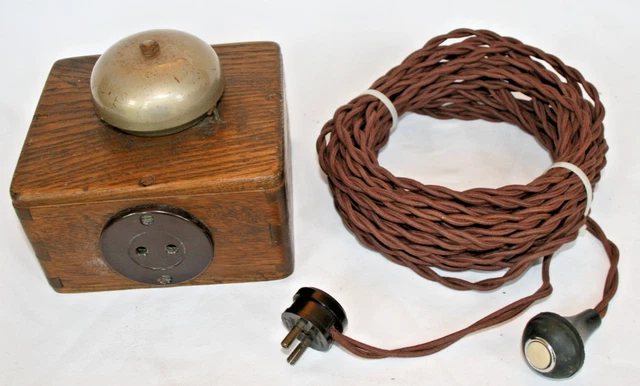 ANTIQUE SERVANT/BUTLER CALL bell - wood case w/ cotton covered cable. £ ...