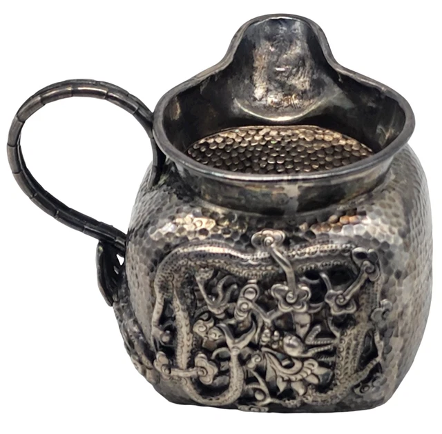 ANTIQUE CHINESE EXPORT Silver Tea Creamer Pitcher Side Handle DRAGON ...