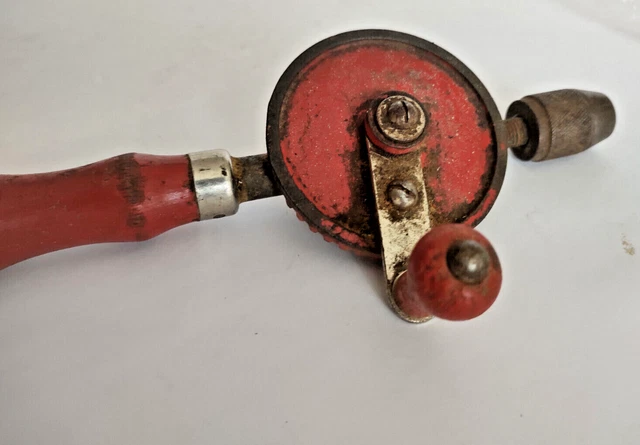 VINTAGE WOODEN HANDLED Hand Drill Red handles, 9" stamped #5 $24.75 ...