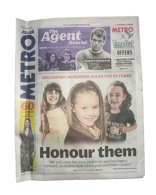 LONDON METRO NEWSPAPER Southport Murderer Of The 3 Little Girls Friday ...