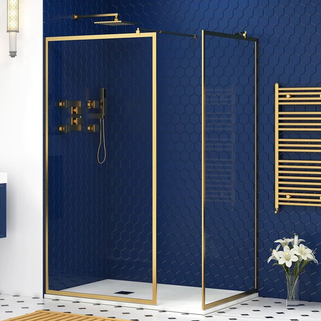 Walk In Wet Room Shower Screen Enclosure 8mm Easy Clean Glass Brass