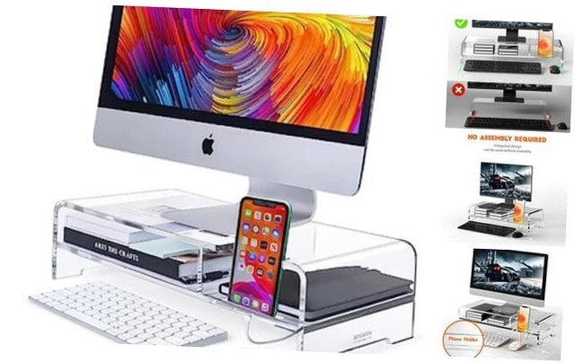 ACRYLIC MONITOR STAND Riser, Wide 20", 2 Tier Computer with Storage ...