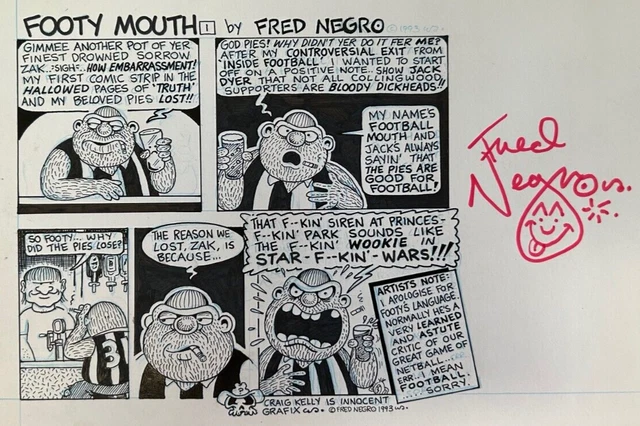 SIGNED FRED NEGRO ORIGINAL Footy Mouth COMIC STRIP ART Collingwood ...