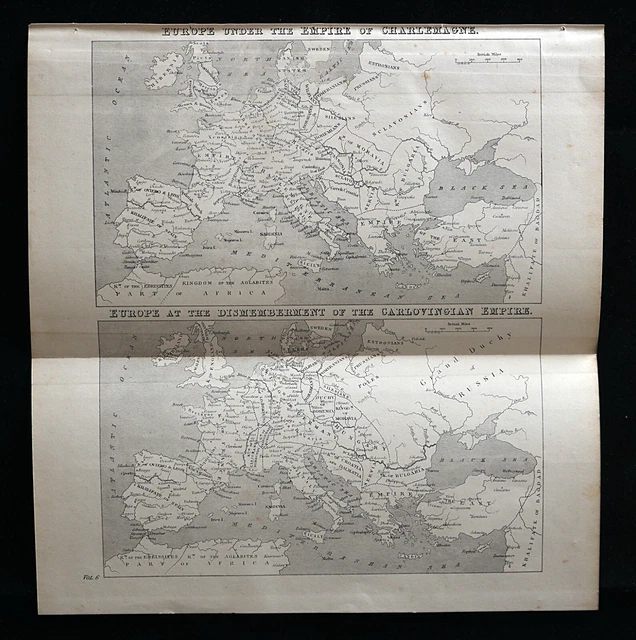 VICTORIAN MAP CIRCA 1880. Map of Europe under the Empire of Charlemagne ...