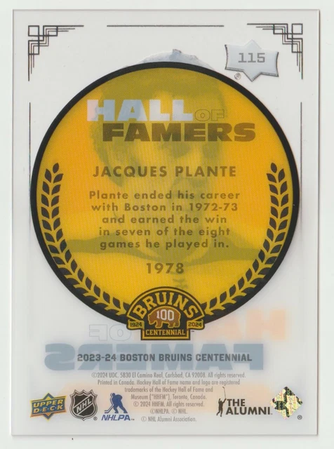 2023-24 BRUINS CENTENNIAL Hall Of Famers Clear Cut Jacques Plante #115 ...