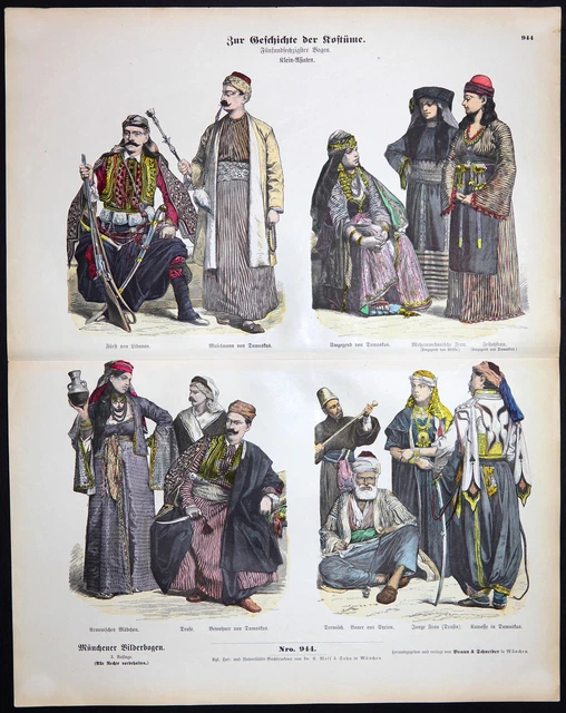 LITOGRAFIA COLORATA A mano fine '800 COSTUMI LIBANO DAMASCO EUR 25,00 ...