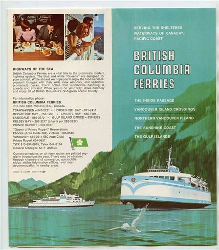 BRITISH COLUMBIA FERRIES Brochure 1969 Route Map Fares Deck Plan £21.35 ...