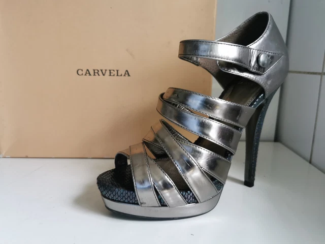 CARVELA KURT DESIGNER Uk 4 Eu 37 Silver Leather Strappy Heels Sandals ...