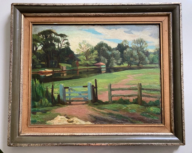 VINTAGE OIL PAINTING Countryside Gates Framed Bloomsbury Look Shabby ...