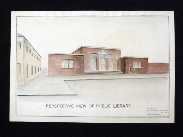 PUBLIC LIBRARY 1947 perspective ORIGINAL ARCHITECTURAL DRAWING 56 x ...