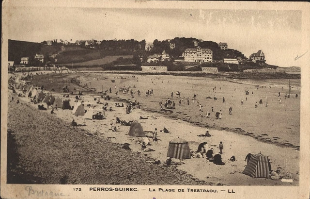 PERROS-GUIREC 22 LA Plage du Trestraou animée CPA sépia non circulée 1920 - 1930 EUR 9,00 ...