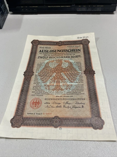 GERMAN WAR BOND Certificate 12 Rm 50 Rpf 1925 $199.00 - PicClick AU