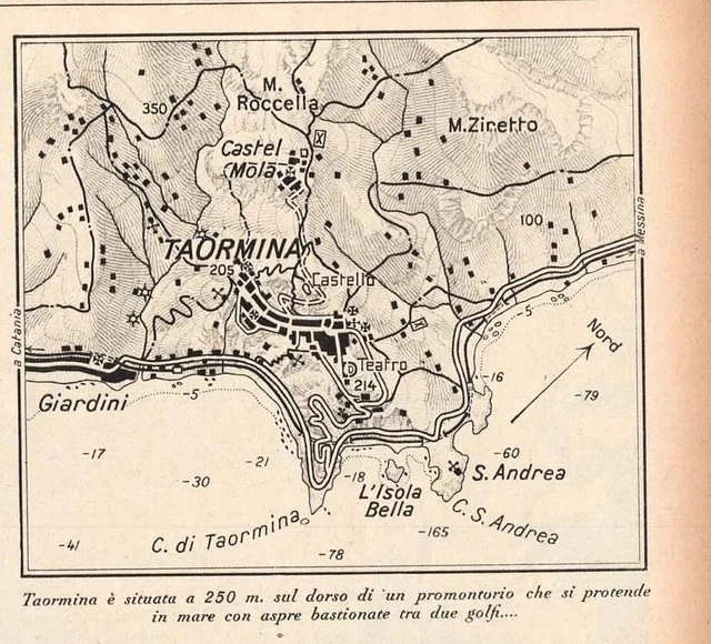 STAMPA ANTICA TAORMINA piccola mappa schematica Messina 1932 Antique ...