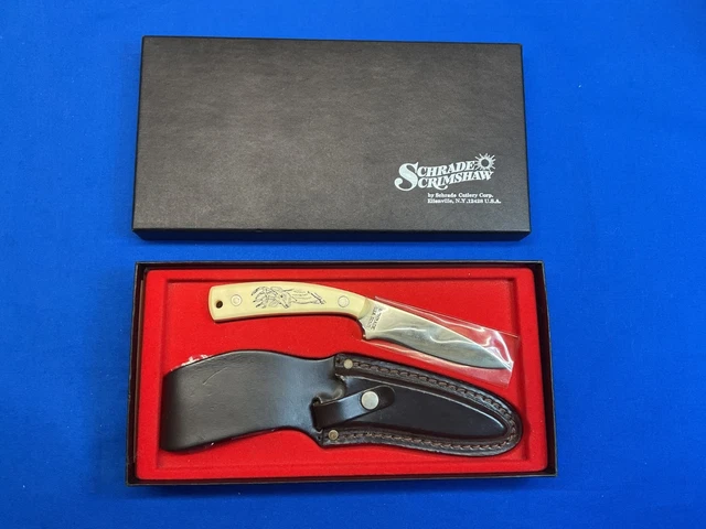 VINTAGE SCHRADE SC501 Scrimshaw Fixed Blade Knife w Leather Sheath and ...