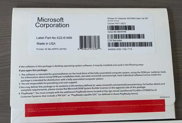 MICROSOFT WINDOWS SERVER 2025 Datacenter 64Bit 16 Core 50 CALs DVD ...