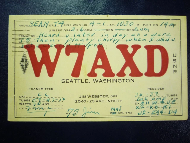 VINTAGE 1935 QSL Radio Card Postcard W7AXD - from SEATTLE, WA ...