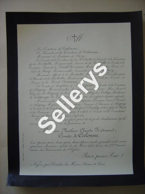 FAIRE-PART DE DÉCÈS de Monsieur Mathieu Claude Ferdinand Comte de CALONNE 1887 EUR 24,90 ...