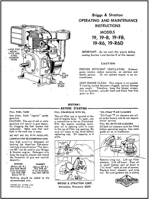 OPERATOR & MAINT Manual Briggs & Stratton Model 19, 19-B, 19-FB, 19-R6 ...