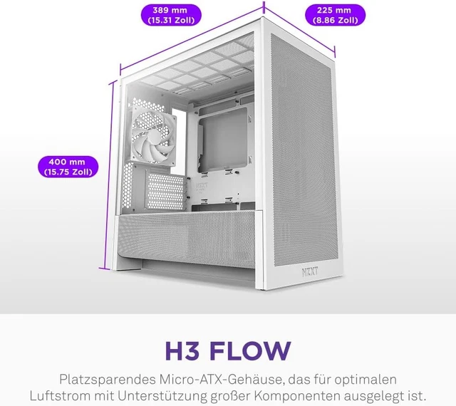 NZXT H3 FLOW – Micro-ATX PC-Gehäuse – Optimierter Luftstrom – inkl ...
