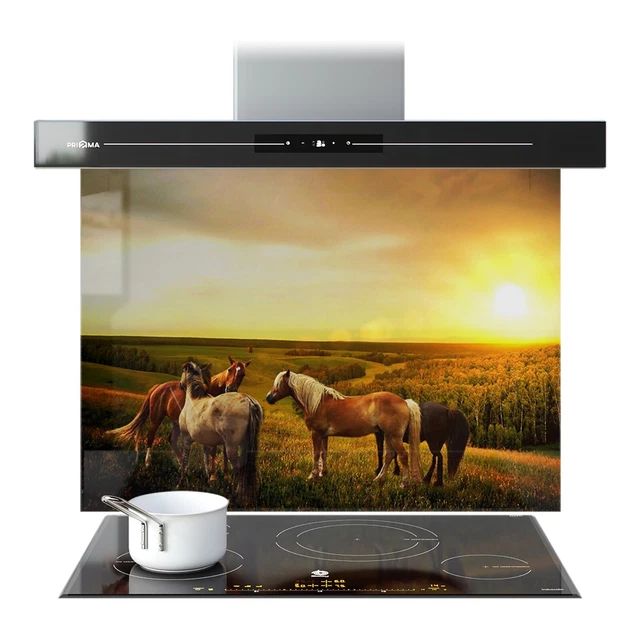 KITCHEN GLASS SPLASHBACK Toughened Cooker ANY SIZE Sunset Horses Farm ...