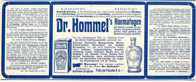 DR. HOMMEL`S HAEMATOGEN Alkoholfrei und Aetherfrei Historische Werbung ...
