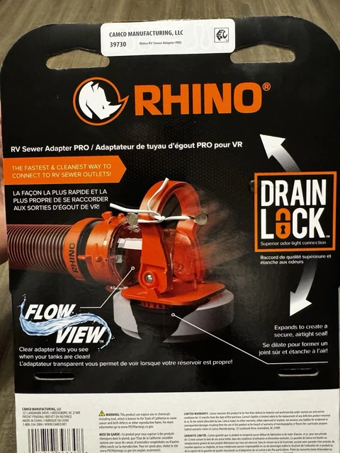 CAMCO RHINO SEWER Adapter Pro With drain lock 39730 Fast Shipping ...