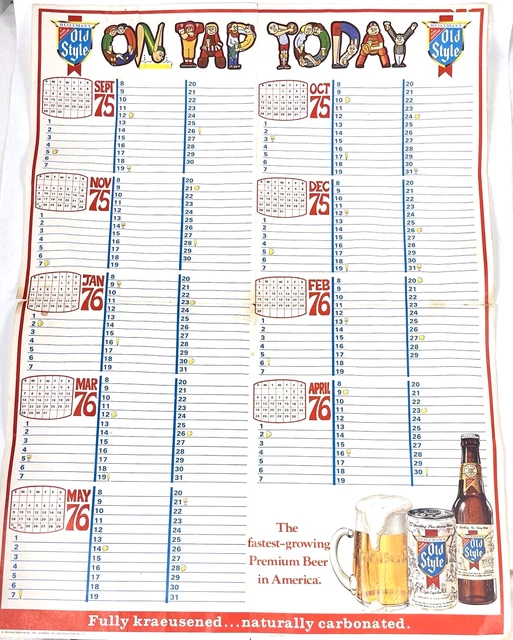 VINTAGE HEILEMAN'S OLD Style Beer Calendar 1975-76 On Tap Today Week ...