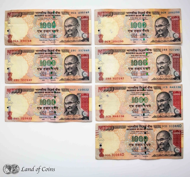 INDIA: 7 X 1,000 Indian Rupee Banknotes. £0.99 - PicClick UK