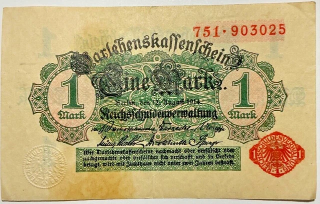 DEUTSCHES REICH 1 Mark 1914 Papiergeld Banknoten Geldschein echt EUR 2 ...