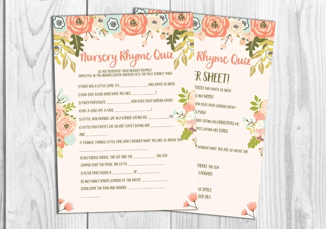 BABY SHOWER GAME, Nursery Rhyme Quiz, Floral, Orange, Cute, Boy, Girl ...