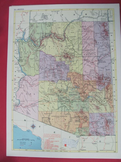 BEARTIFUL 1953 ARIZONA Railroad Map Shows And List All Rr's Great ...