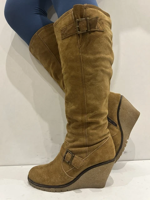 NEXT LIGHT BROWN Suede Knee High Wedge Heel Boots UK6 EU39 VGC £20.00 ...