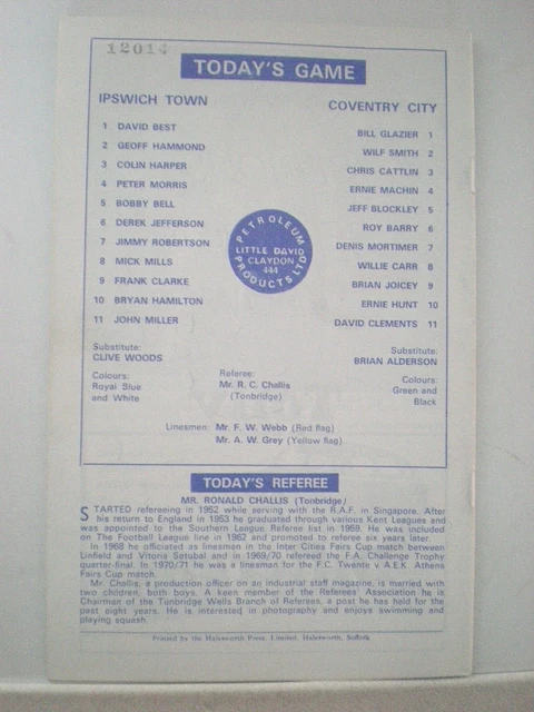 IPSWICH TOWN V COVENTRY CITY, 17th AUG 1971, NO WRITING/STAPLES, MINT ...