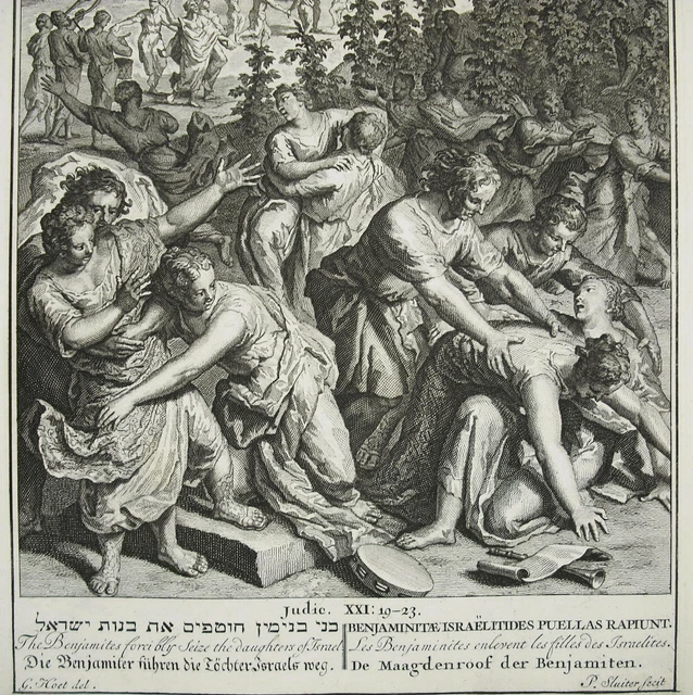 ANTIQUE BIBLICAL ETCHING Benjaminites & Girls Israelites 1728 P Sluyter ...