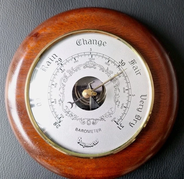 VINTAGE BAROMETER DAYMASTER Original Turned Wood Round Weather Station ...