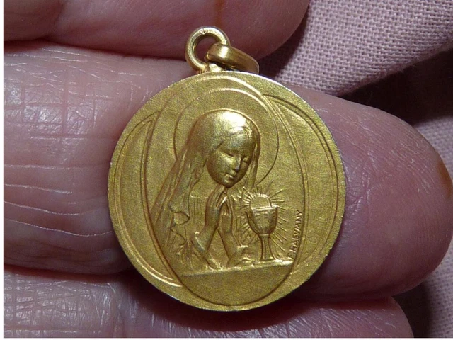 ANCIENNE MÉDAILLE DE communion signée F.RASUMNY argent massif vermeil ...