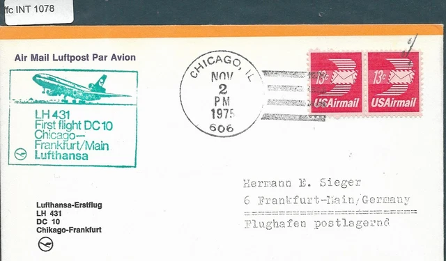 LUFTHANSA 1975 FFC - Erst Flug Dc10 - Chicago > Frankfurt EUR 1,00 ...